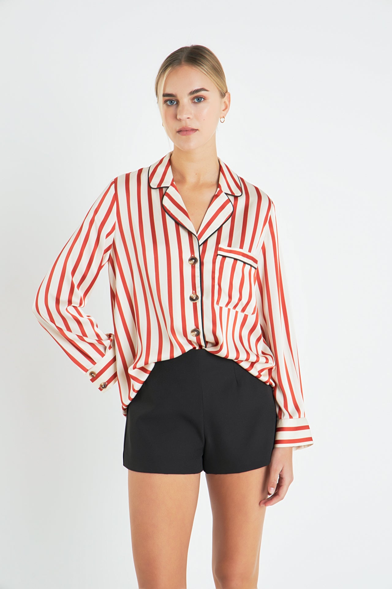 Striped Satin Shirt with Piping – English Factory