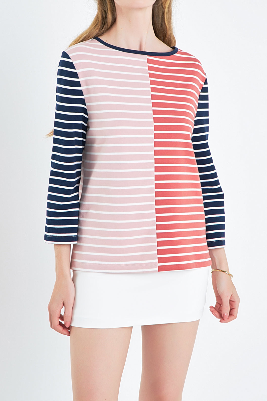 Striped Color Blocked 3/4 Length Sleeve Tee – English Factory