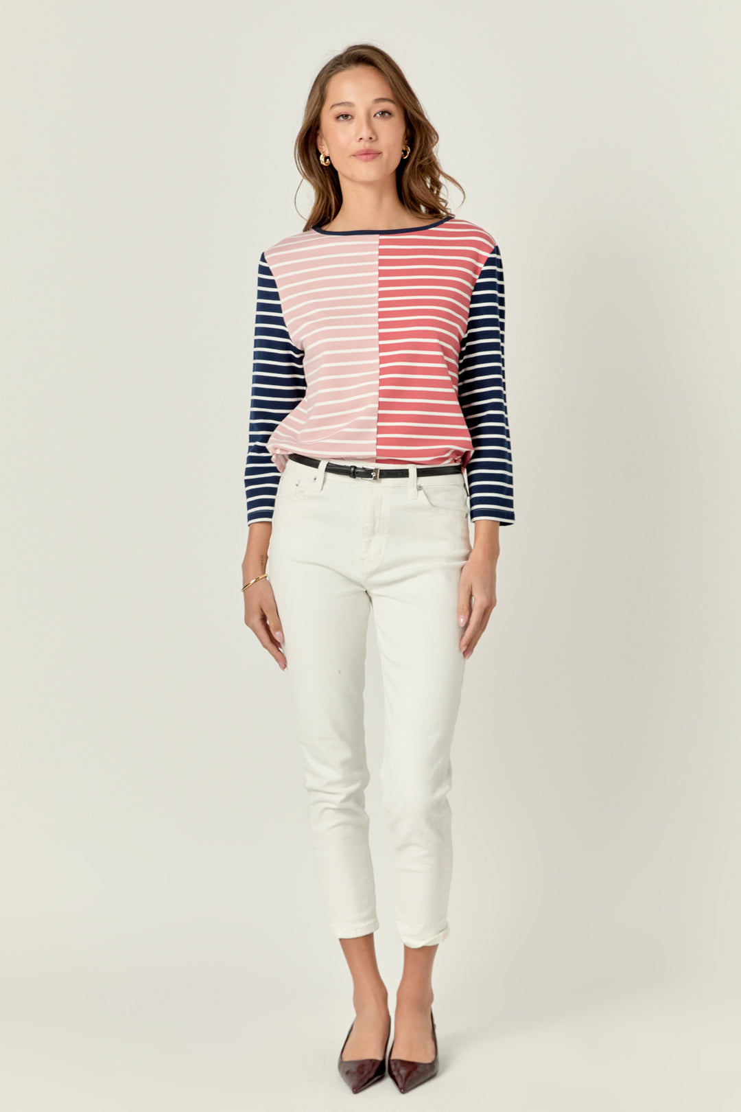 Striped Color Blocked 3/4 Length Sleeve Tee – English Factory