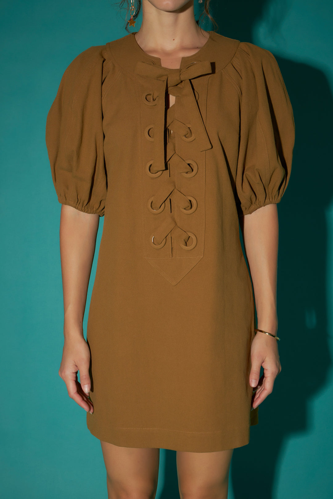 Laced Up Puffed Sleeve Mini Dress – English Factory