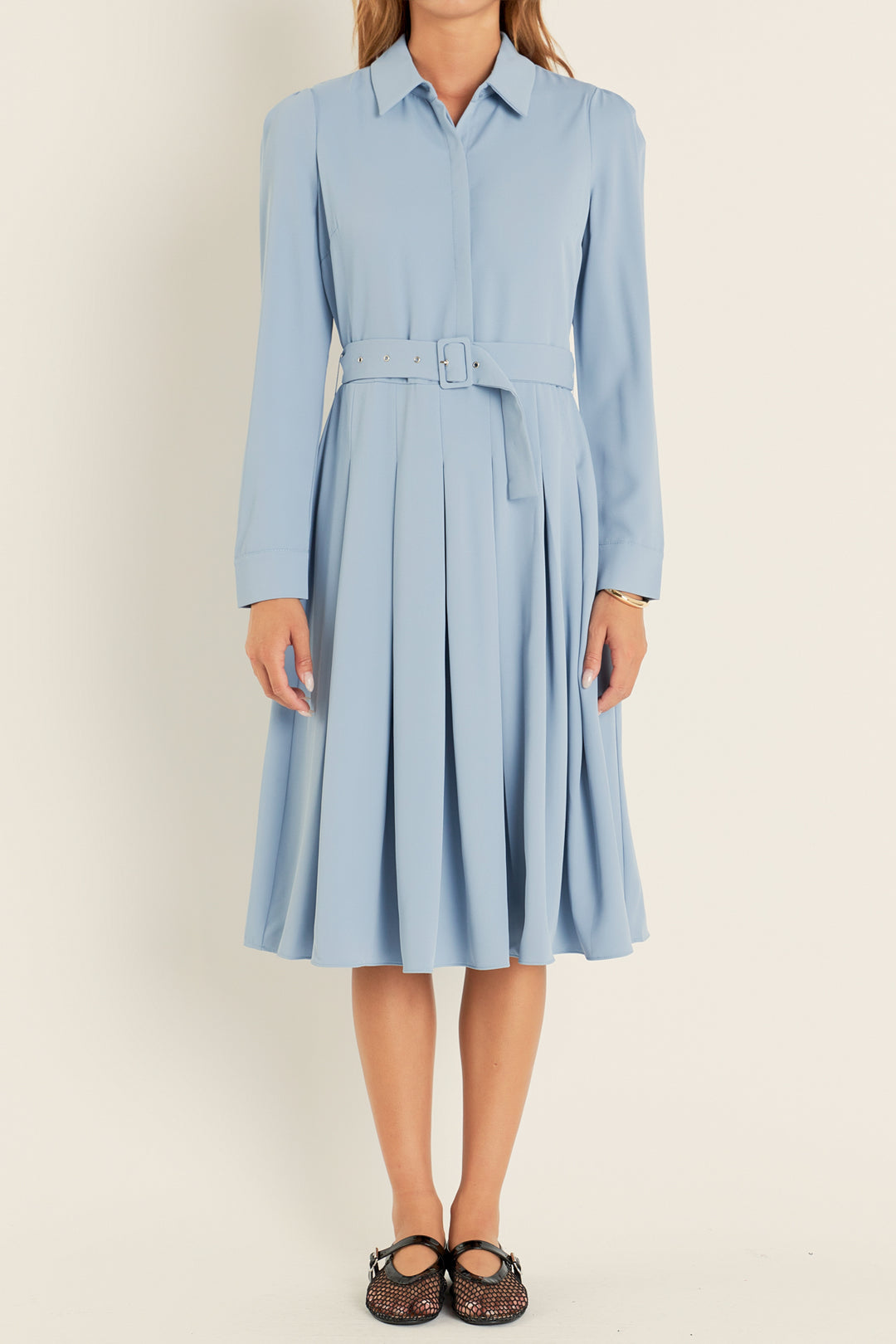 Pleated Collared Long Sleeve Midi Dress – English Factory