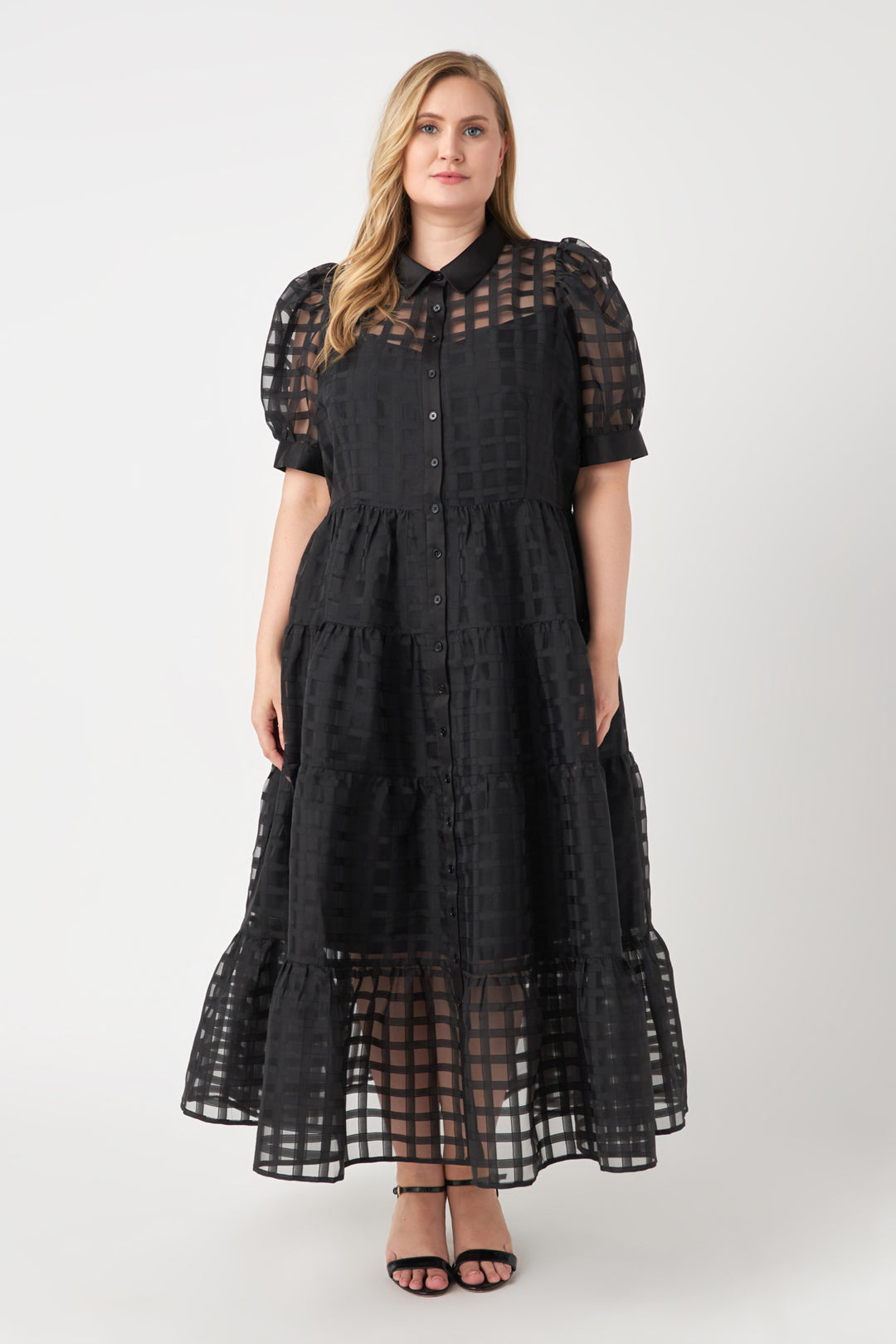 Plus Size Gridded Organza Tiered Maxi Dress – English Factory