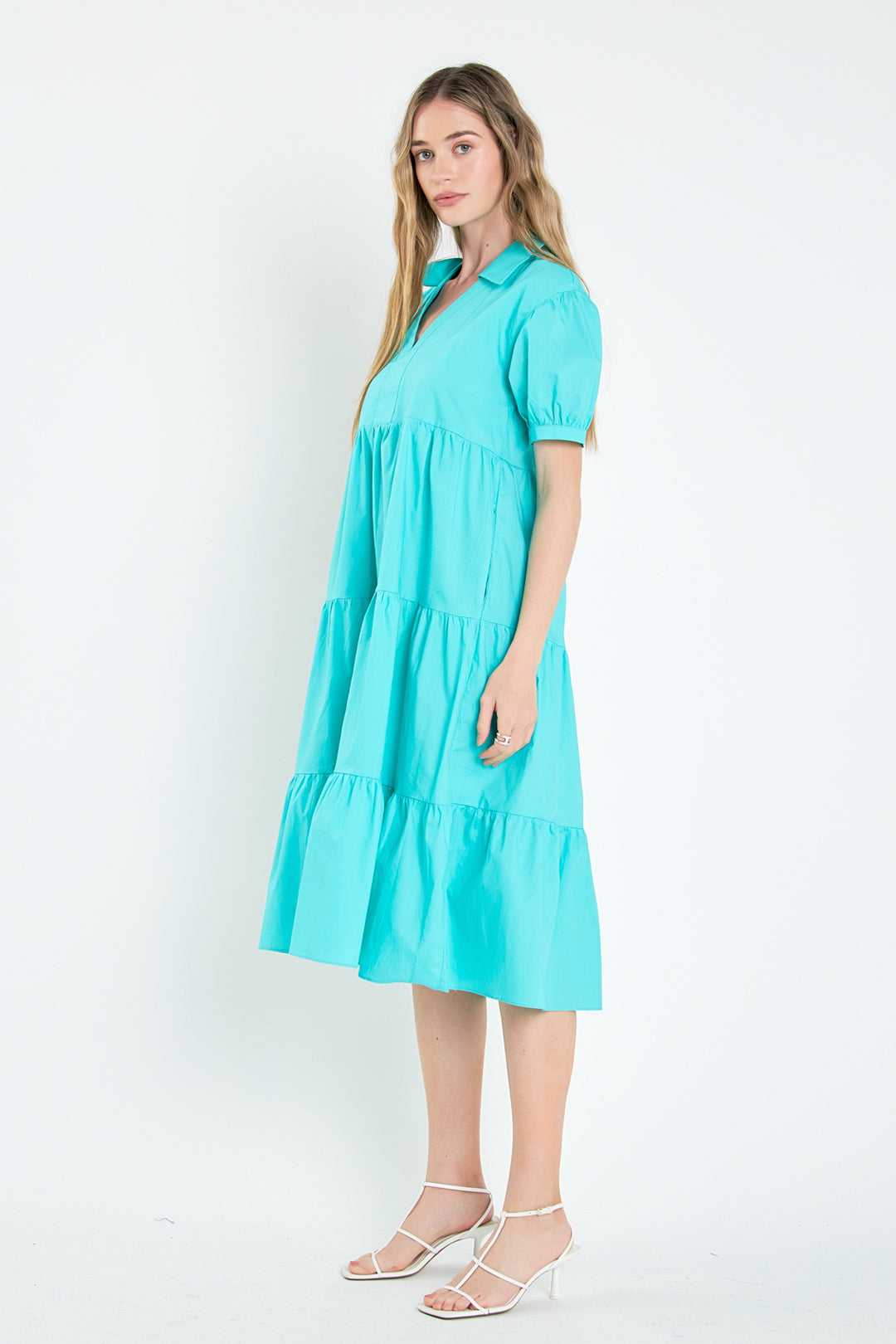 Short Puff Sleeve V-Neck Midi Dress – English Factory