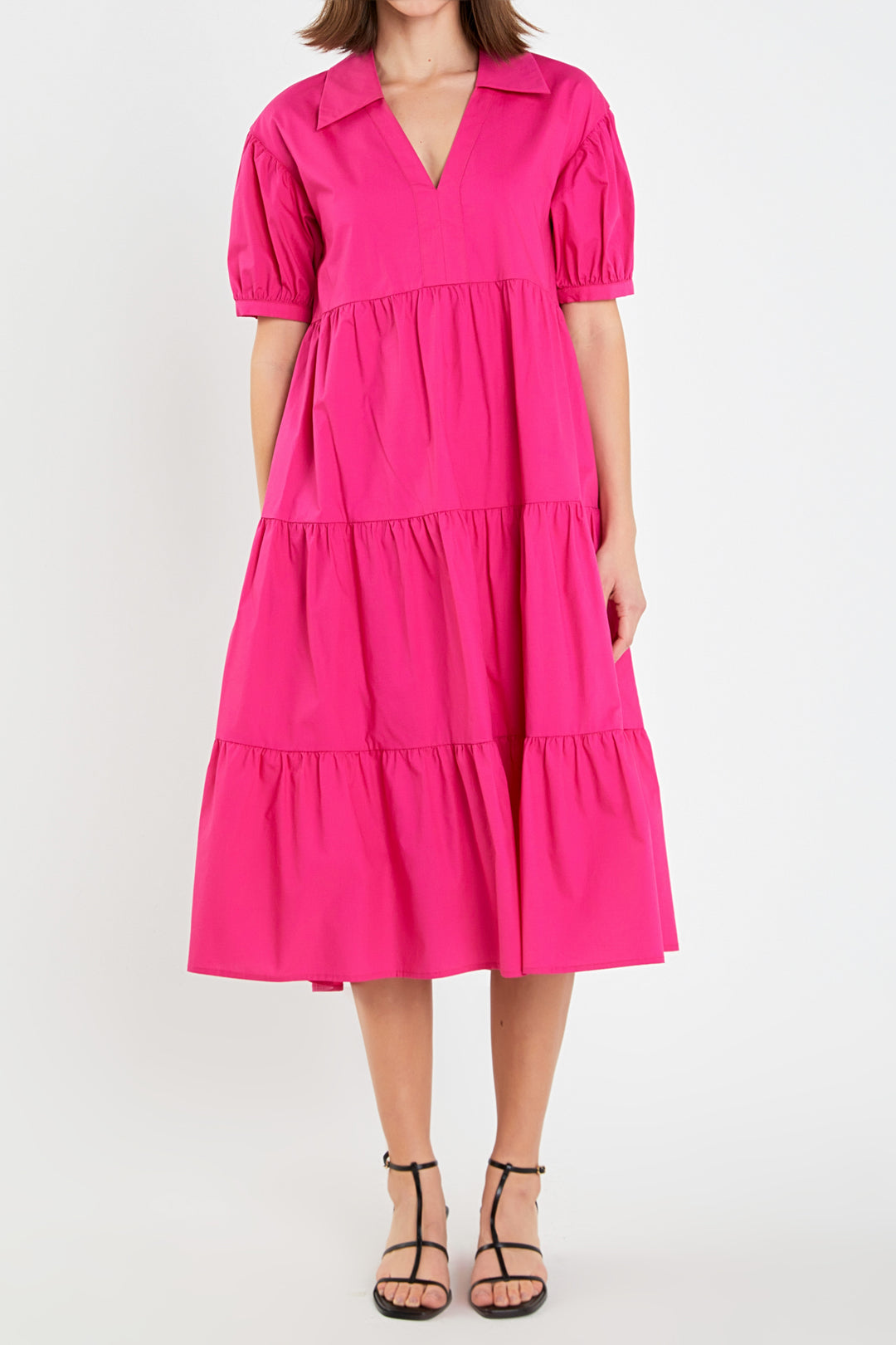 Short Puff Sleeve V-Neck Midi Dress – English Factory