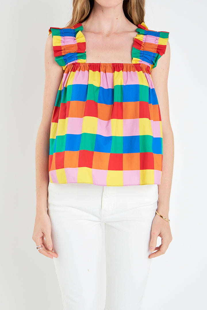 Multi Color Check Ruffle Strap Top – English Factory