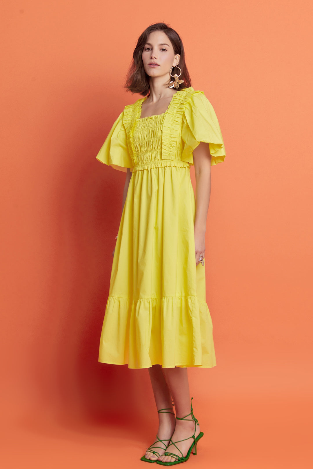 Puff Sleeve Square Neck Midi Dress English Factory