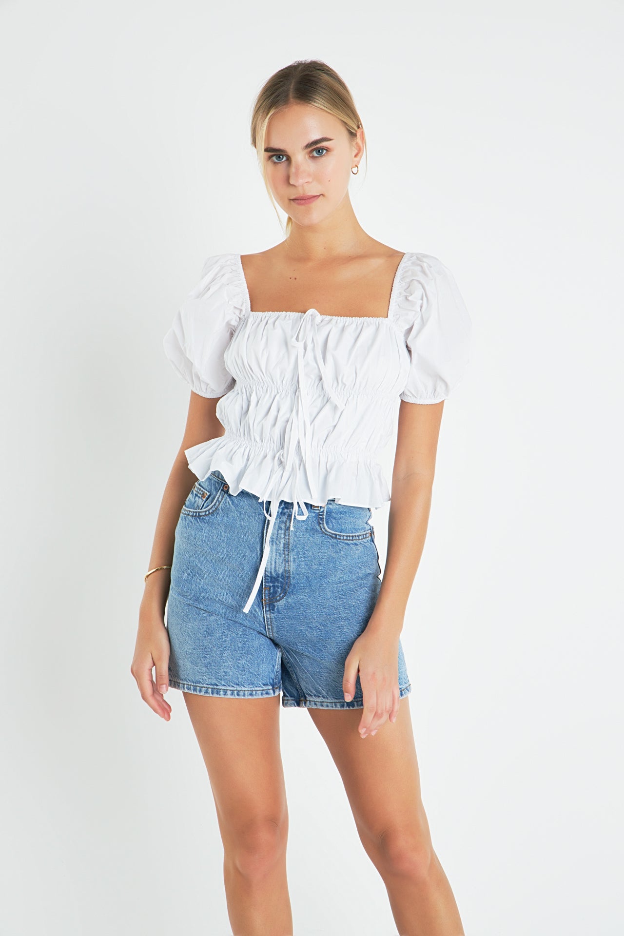 Tie Detail Shirring Top with Short Sleeves – English Factory